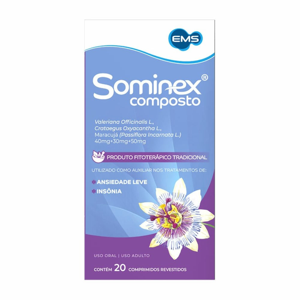 Sominex Composto 40mg + 30mg + 50mg Ems Calmante Fitoterápico 20 ...