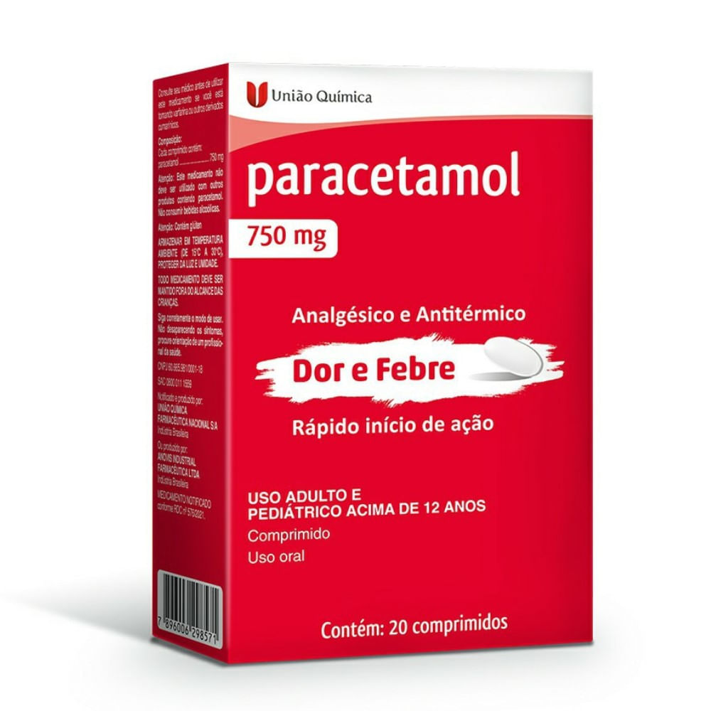 Paracetamol 750mg União Química 20 Comprimidos