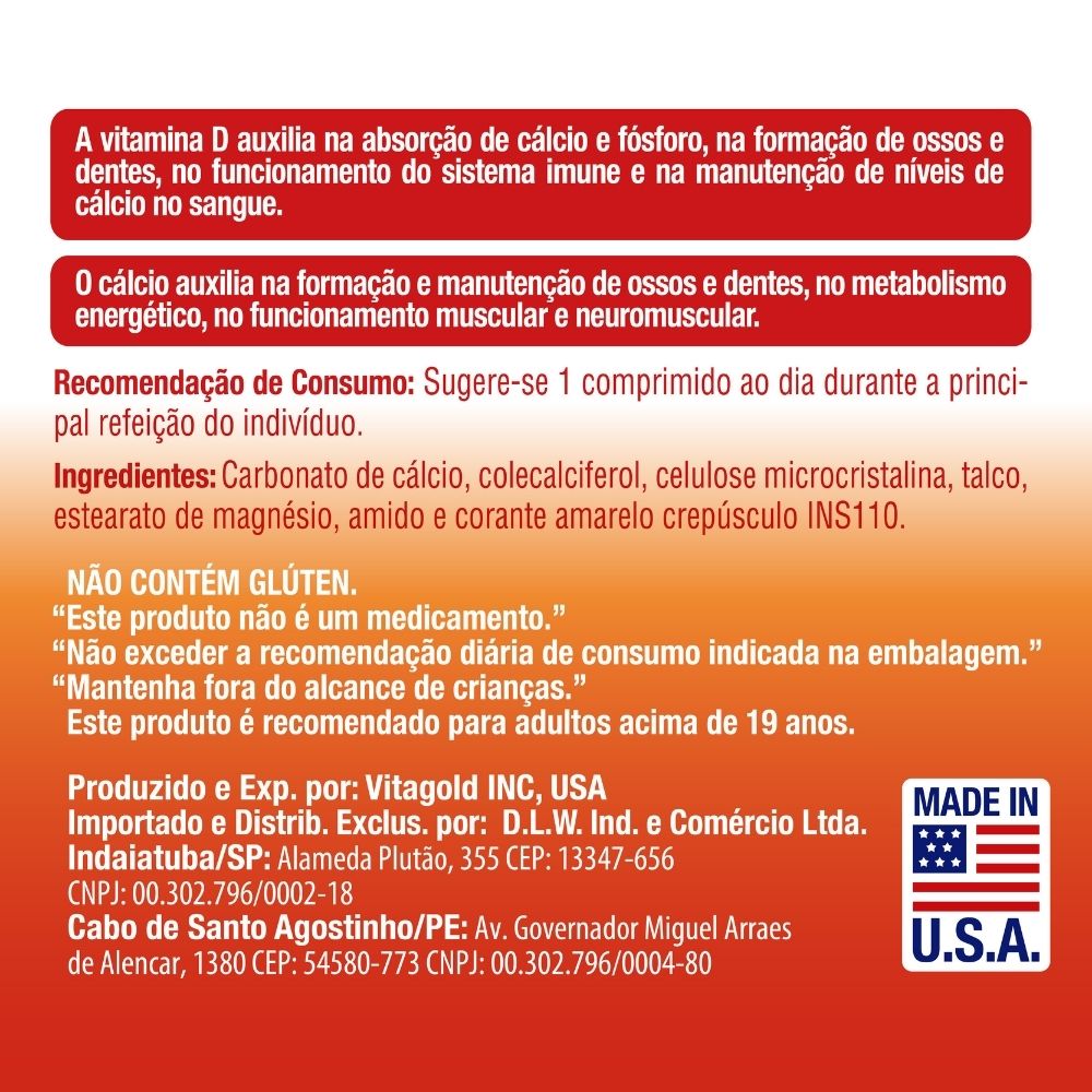 Calcitabs Vitgold Cálcio 600mg + Vitamina D3 90 Comprimidos