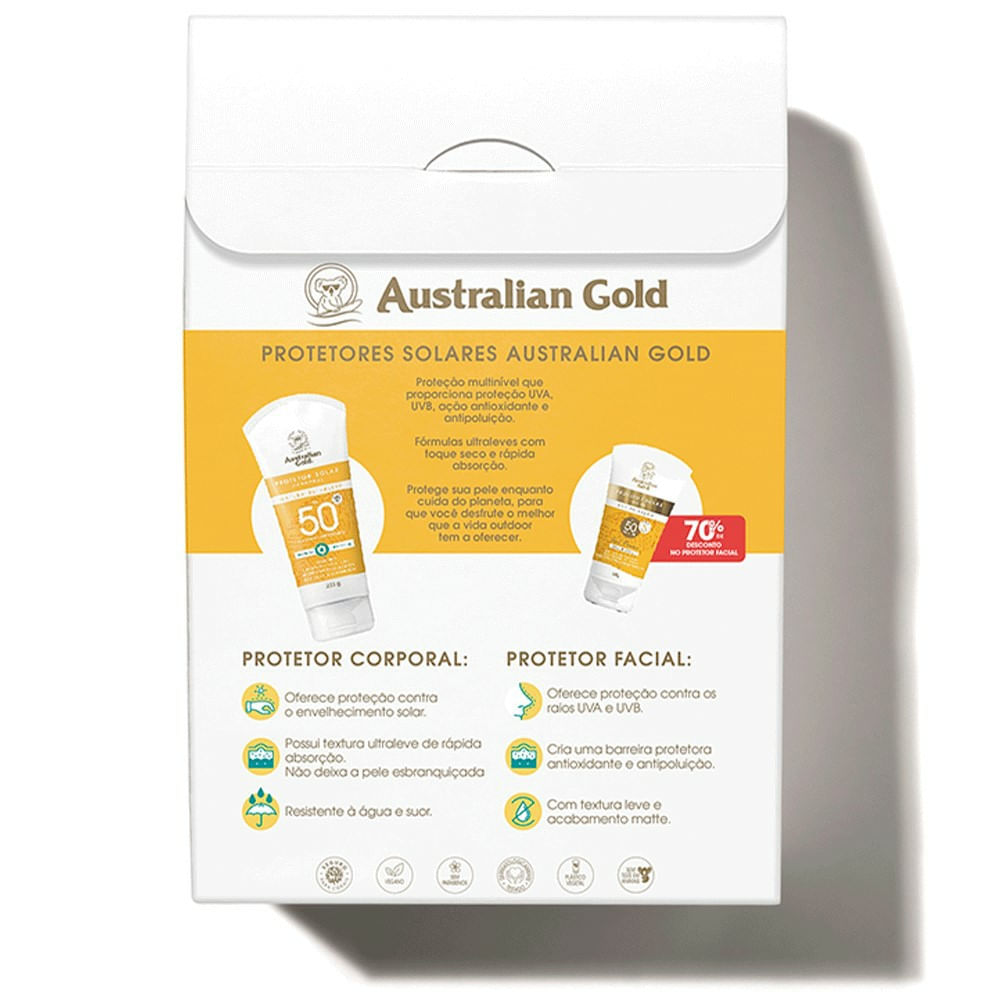 Kit Australian Gold Protetor Solar Corporal Textura Ultraleve FPS50 ...