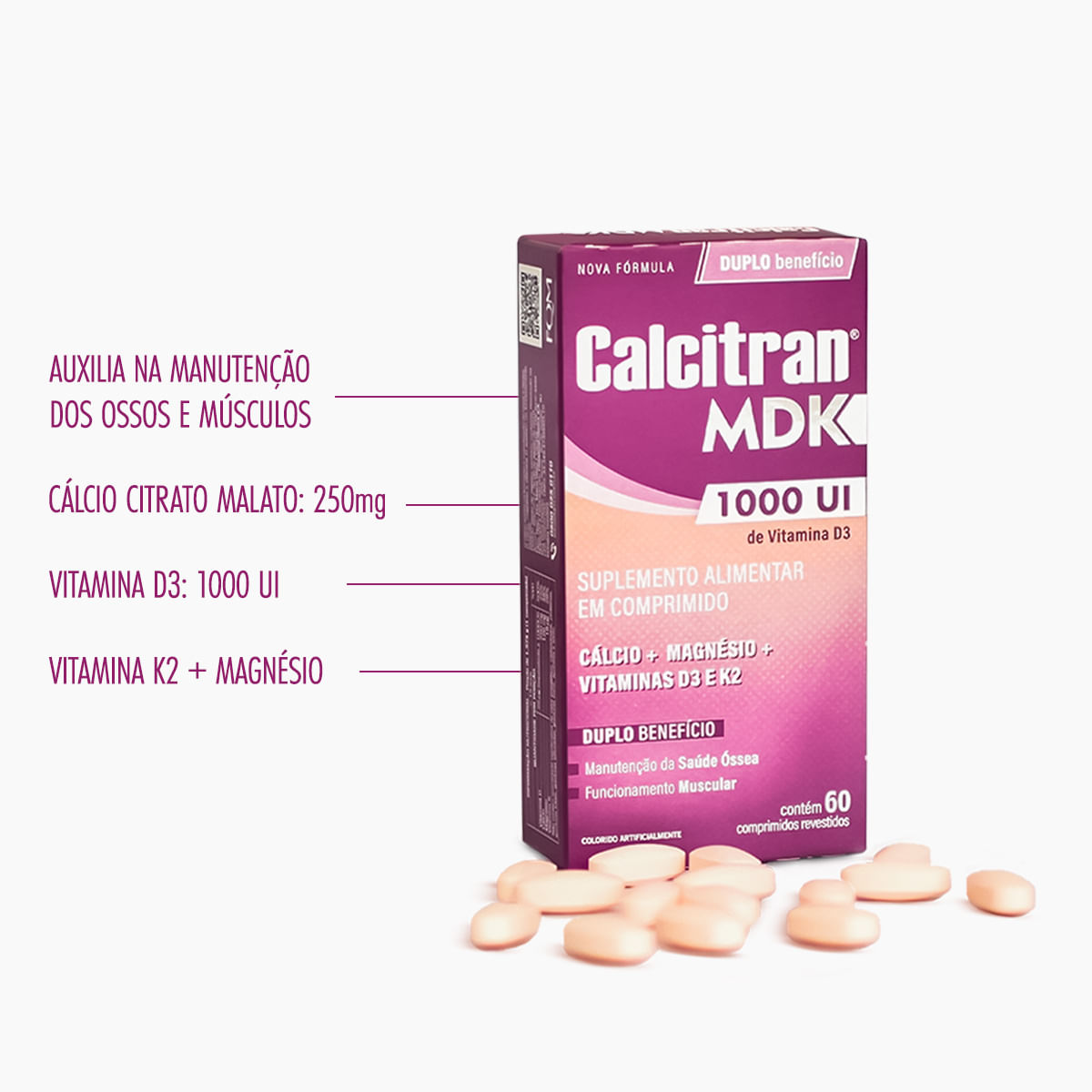 Calcitran MDK 1000UI Cálcio com Magnésio, Vitamina D e K 60 Comprimidos