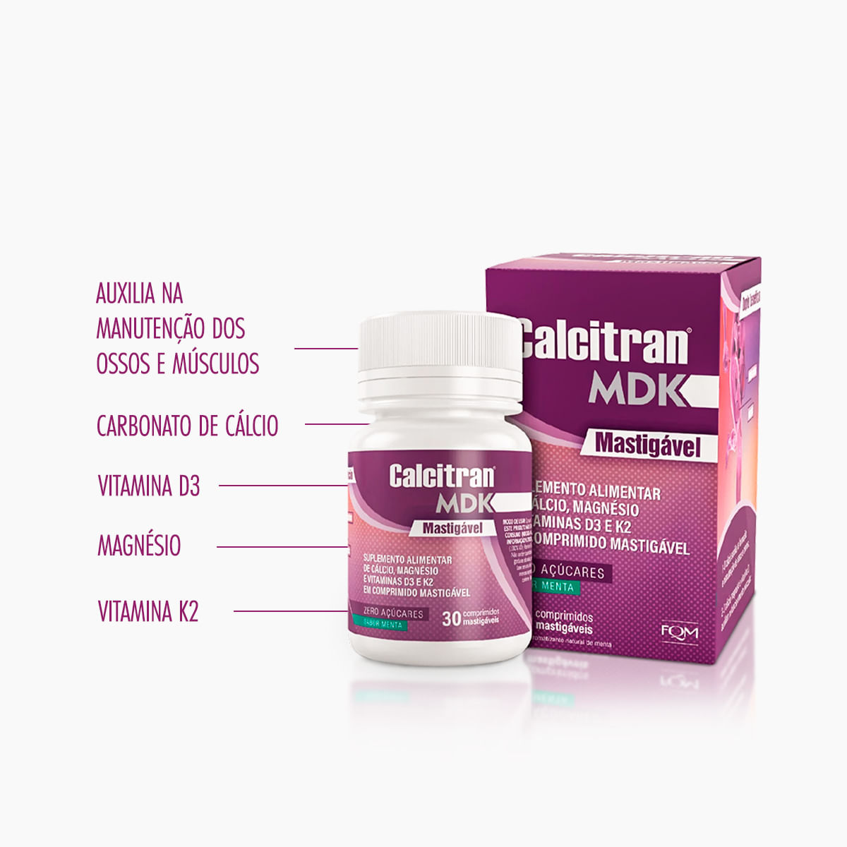 Calcitran MDK Cálcio com Magnésio, Vitamina D e K 30 Comprimidos ...