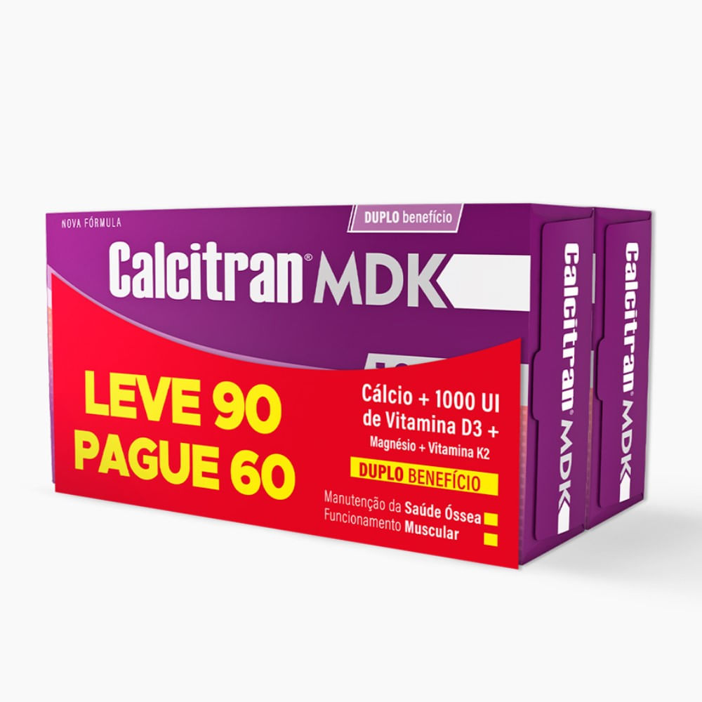 Calcitran MDK Cálcio com Magnésio, Vitamina D e K Leve 90 comprimidos ...
