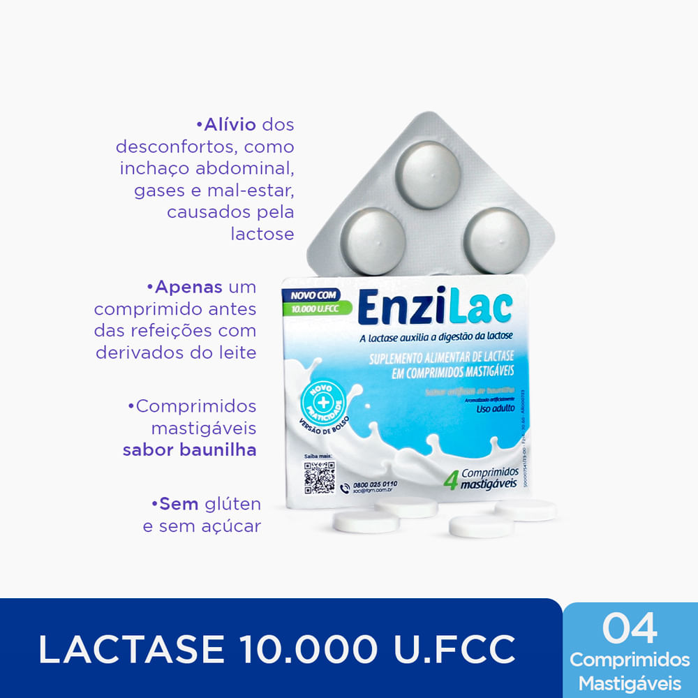 Enzilac 10.000 FCC Enzima Lactase 4 Comprimidos Mastigáveis