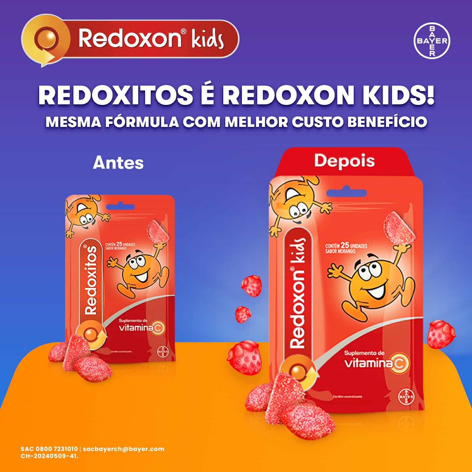 Redoxon Kids Vitamina C Sabor Morango Bayer 25 Unidades - Drogaria Venancio
