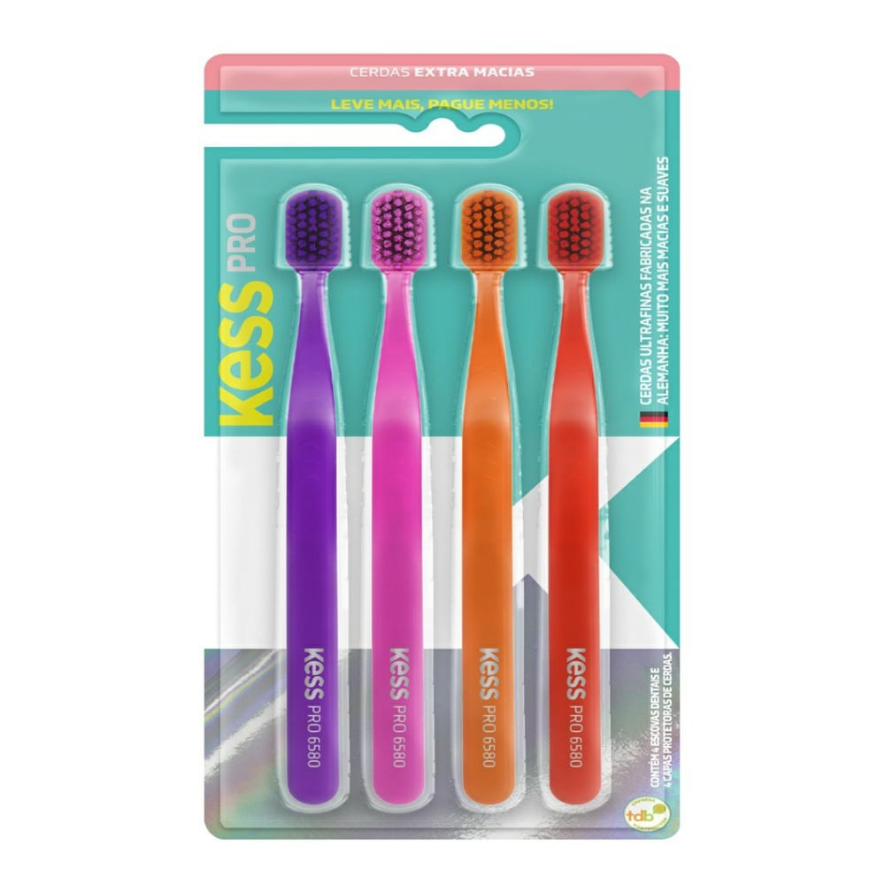 Escova Dental Kess Pro Extra Macia Cores Sortidas 4 unidades