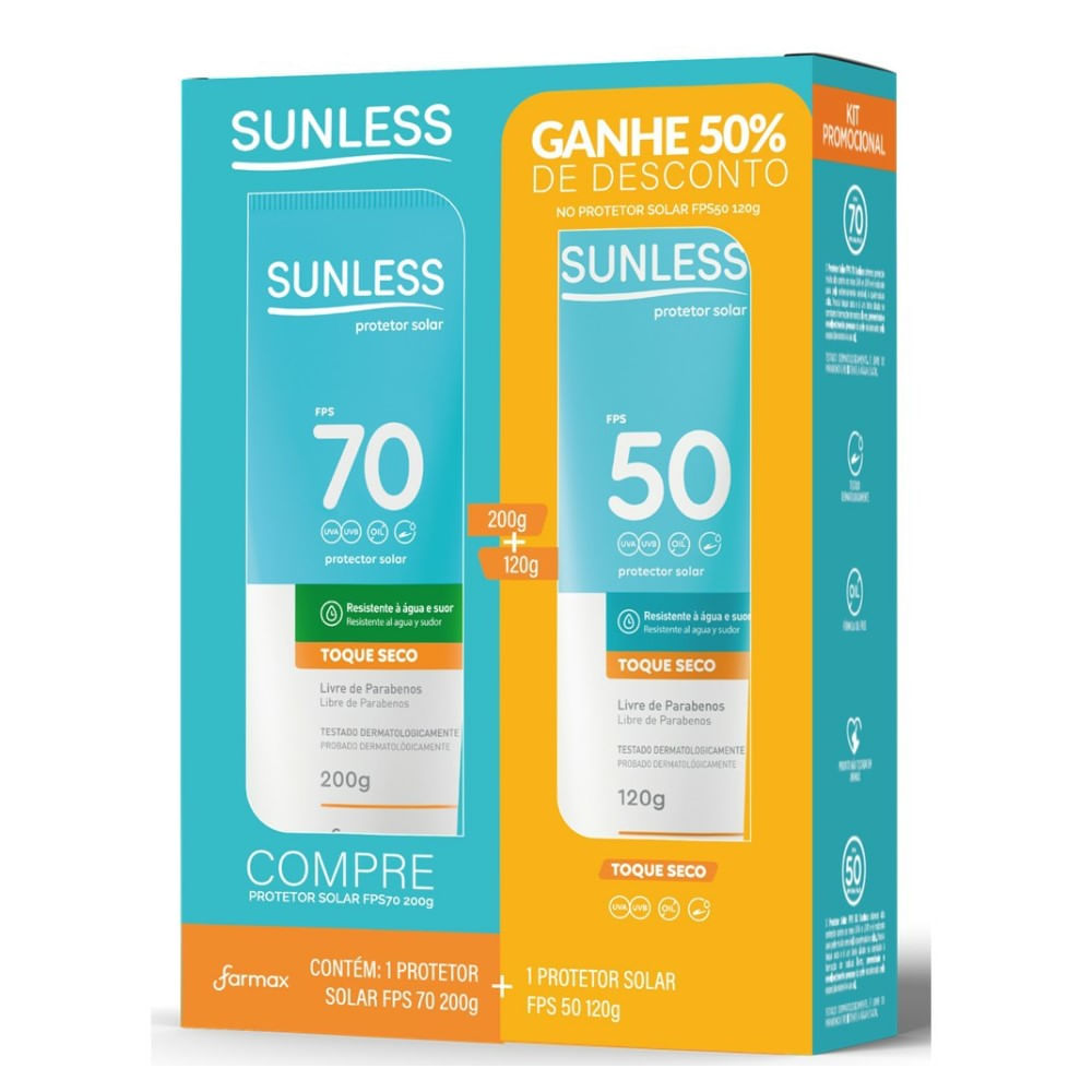 Kit Sunless Toque Seco Protetor Solar FPS70 200g + Protetor Solar FPS50 ...